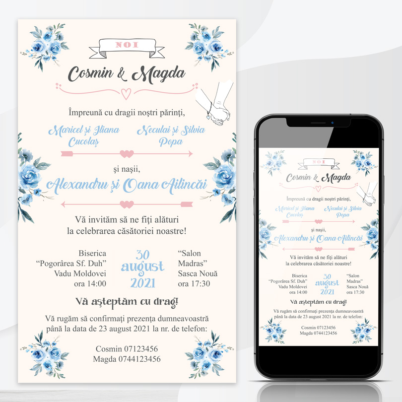 Invitatii nunta online Dusty Blue Watercolor, fundal crem, livrare ...