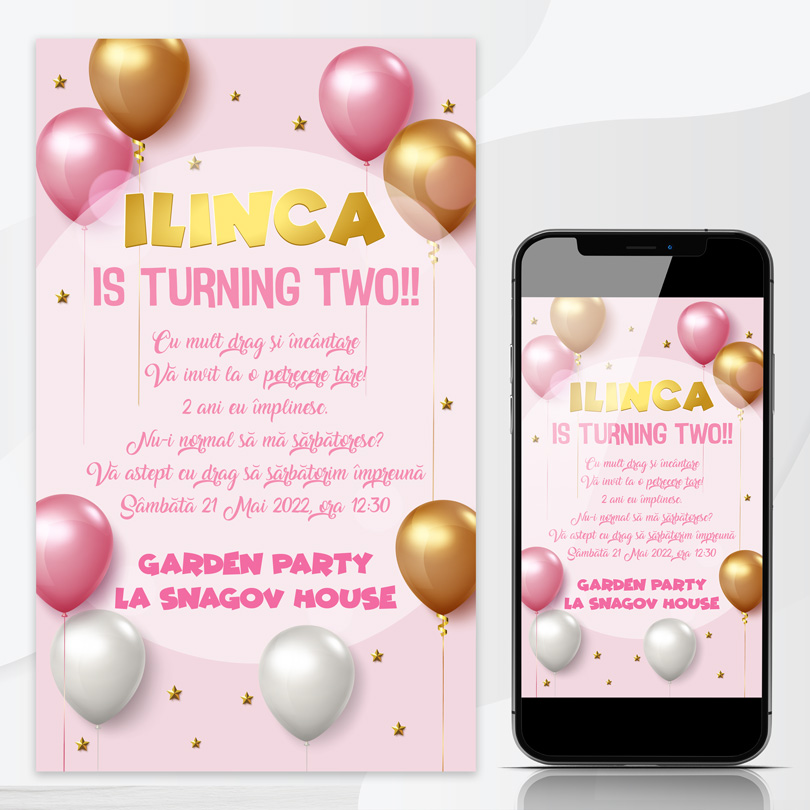 Invitatie online cu baloane roz si aurii, 21x35cm adaptat pentru ...