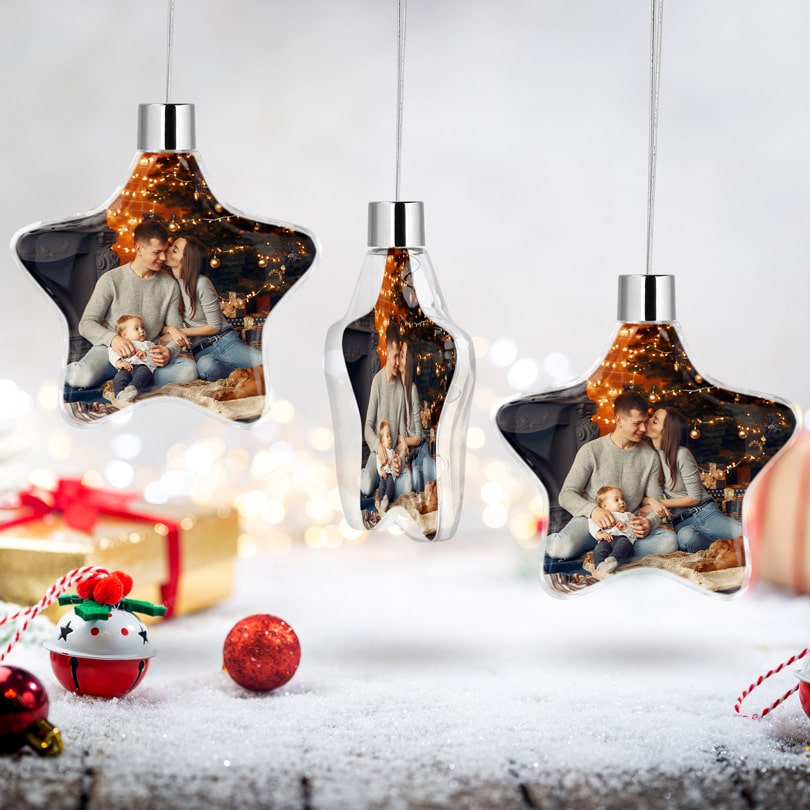 Globuri pentru brad cu poza, faţă/verso, formă de stea, 9x9cm, cadou ...