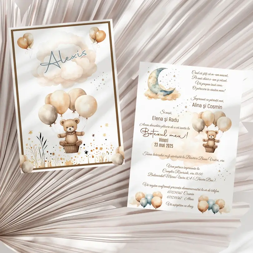 Invitaţie de botez Ursuleţ cu baloane şi steluţe, fundal crem, 17x12cm ...