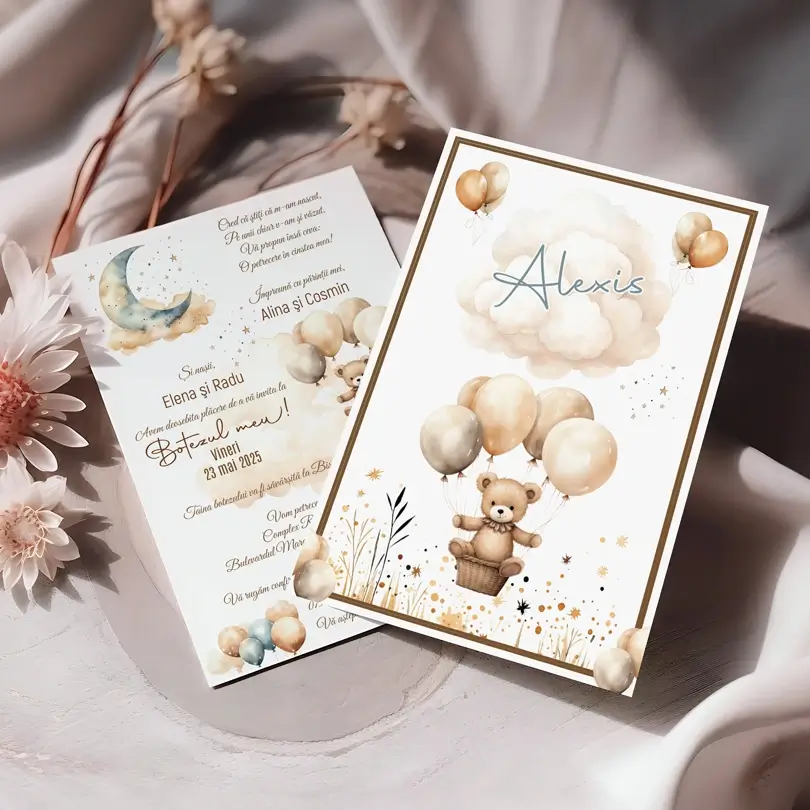 Invitaţie de botez Ursuleţ cu baloane şi steluţe, fundal crem, 17x12cm ...