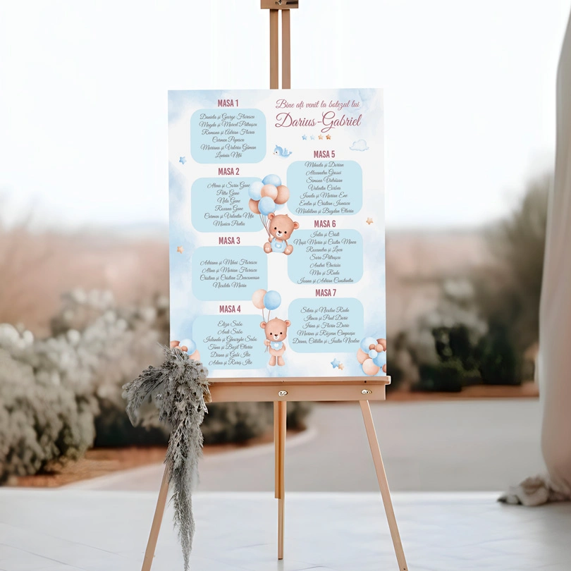 Listă invitaţi botez cu Ursuleţ şi baloane, fundal bleu, diverse ...